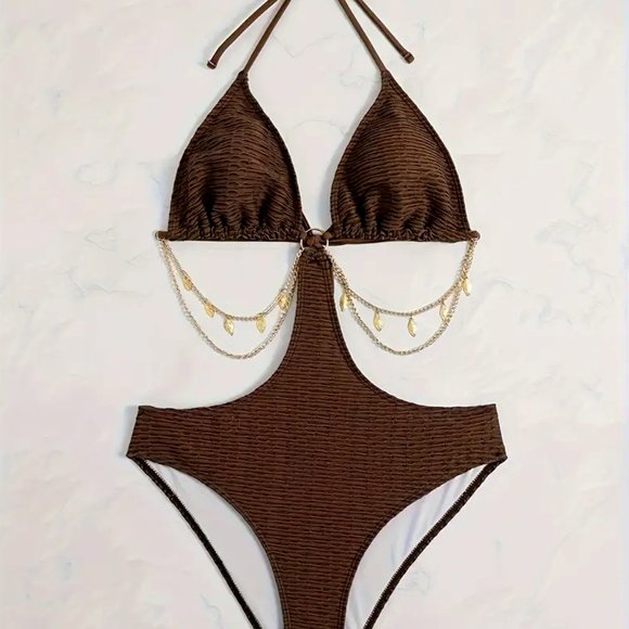 Swim | Stunning Brown Monokinis With Gold Chains And Gold Accents ...